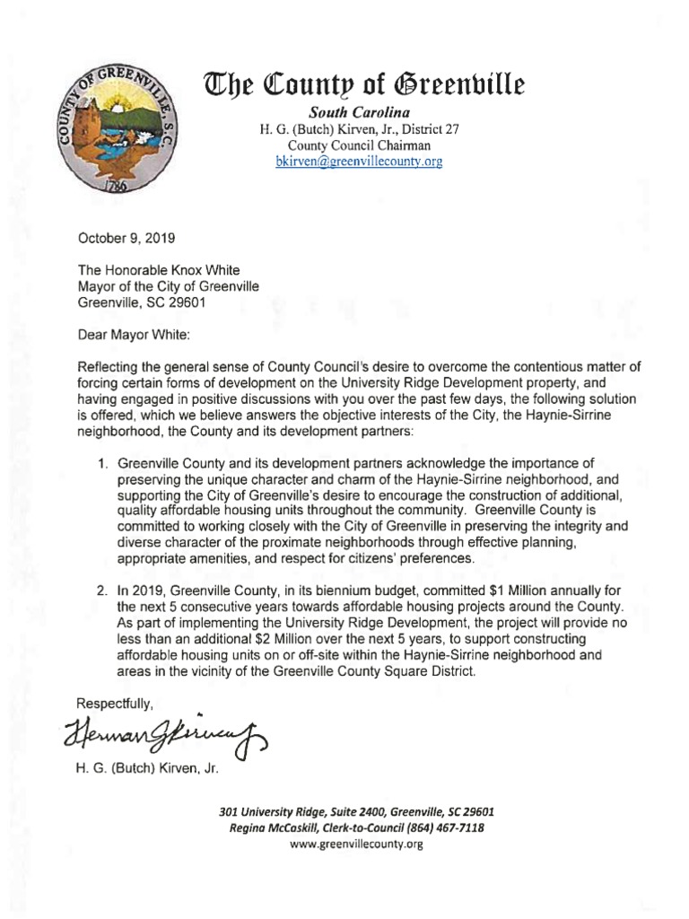 Greenville County Council Chairman Butch Kirven's Letter To Mayor Knox ...