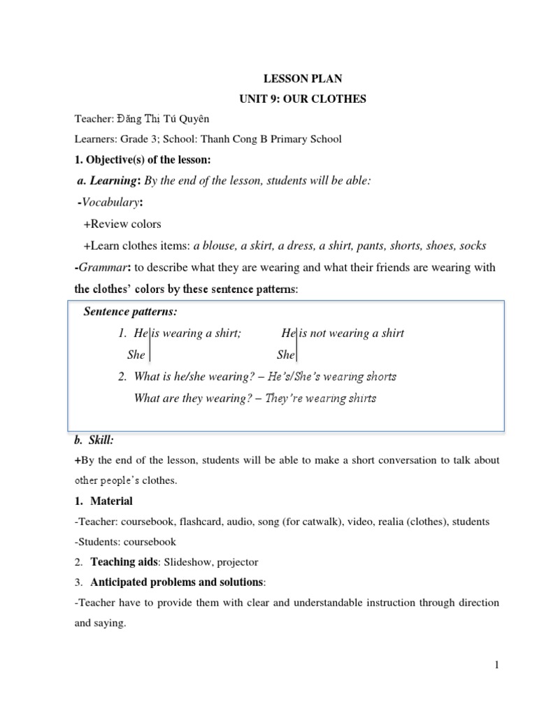 Our Clothes Lesson Plan | PDF | Teachers | Lesson Plan