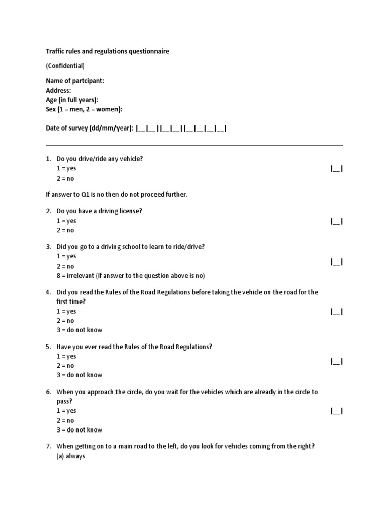 Traffic Rules and Regulations Questionnaire | PDF | Road Safety | Traffic