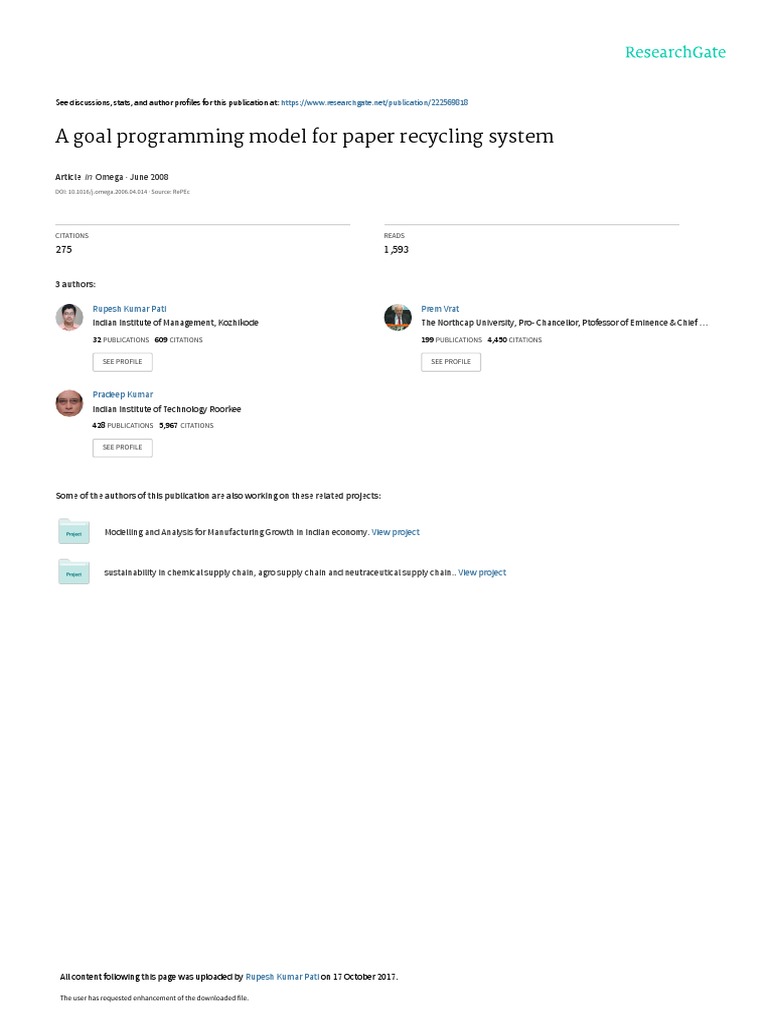 Omega A Goal Programming Model For Paper Recycling System | PDF ...