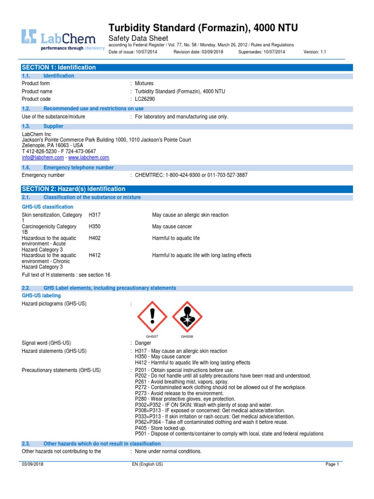 Turbidity Standard (Formazin), 4000 NTU: Safety Data Sheet | PDF ...