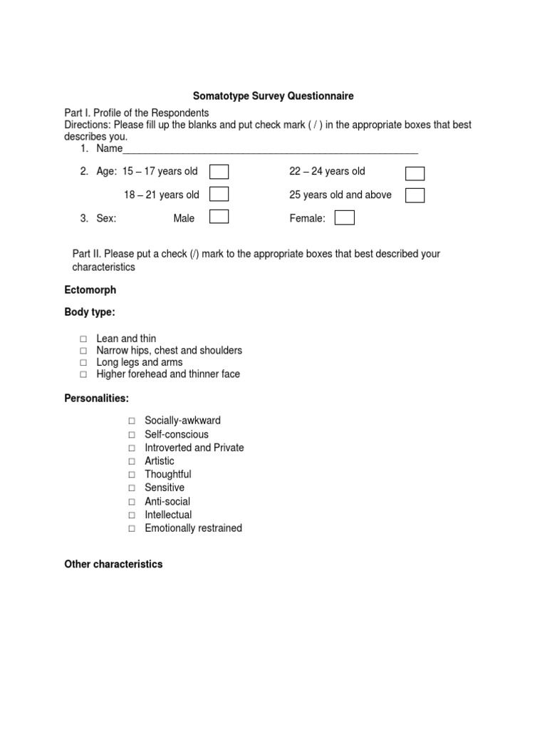 Somatotype Survey Questionnaire | PDF | Extraversion And Introversion ...