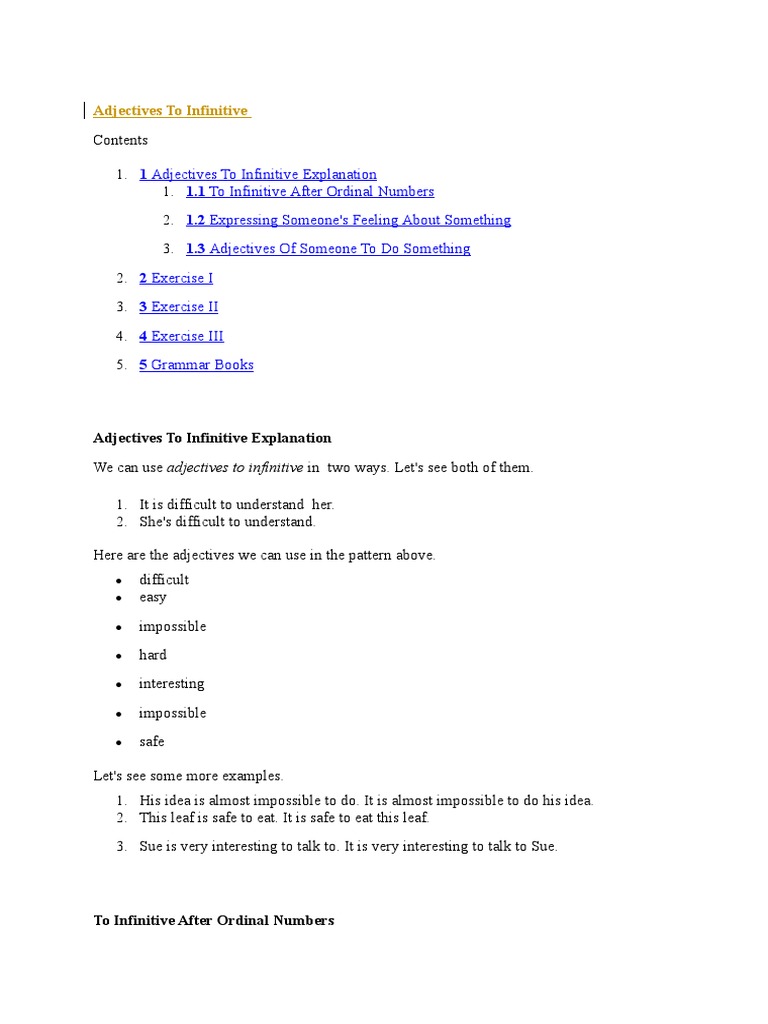 Adjectives To Infinitive Explanation | PDF | Adjective | Linguistic Typology