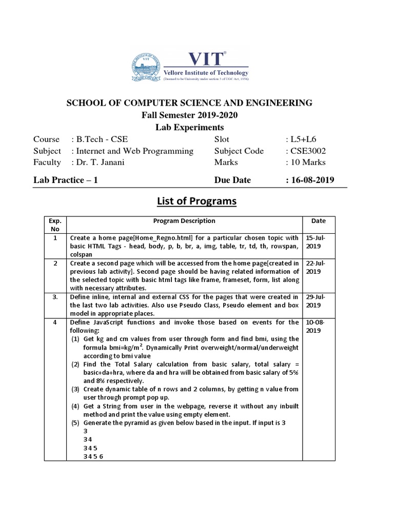 List of Programs: School of Computer Science and Engineering Fall Semester 2019-2020 Lab ...