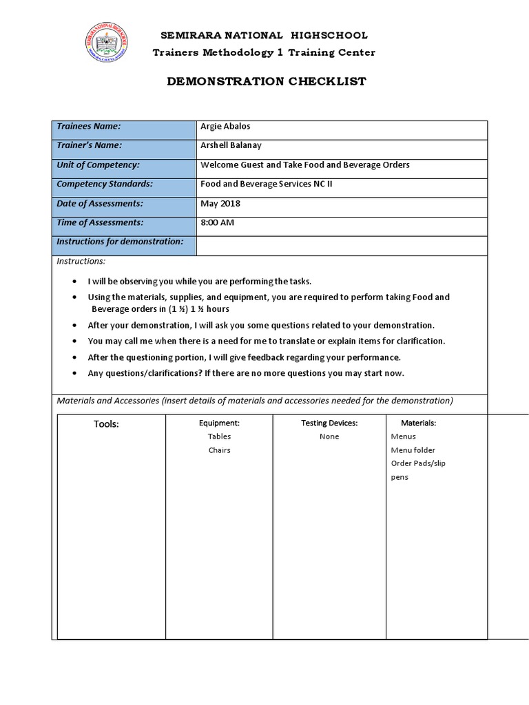 Demonstration Checklist | PDF | Menu