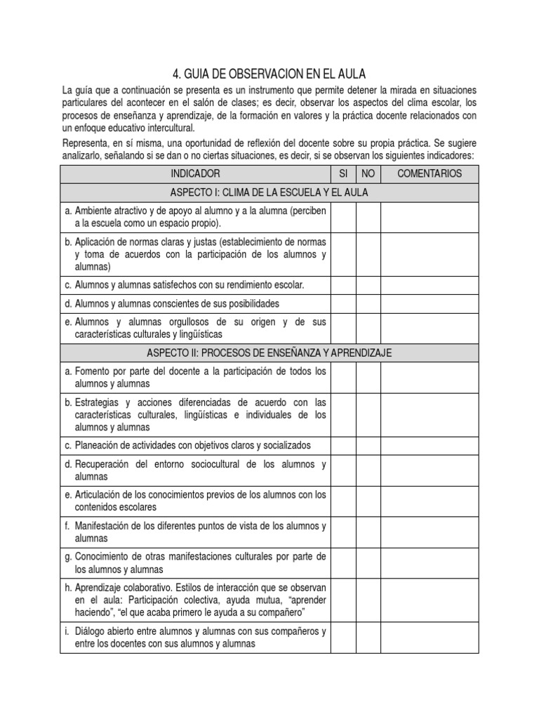 Guia de Observacion en El Aula PDF | PDF | Salón de clases | Planificación
