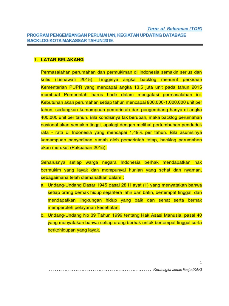 Kak Program Pengembangan Perumahan, Kegiatan Updating Database Backlog ...