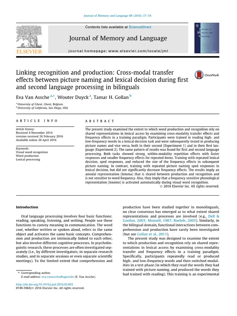 Linking Recognition and Production: Cross-Modal Transfer Effects Between Picture Naming and ...