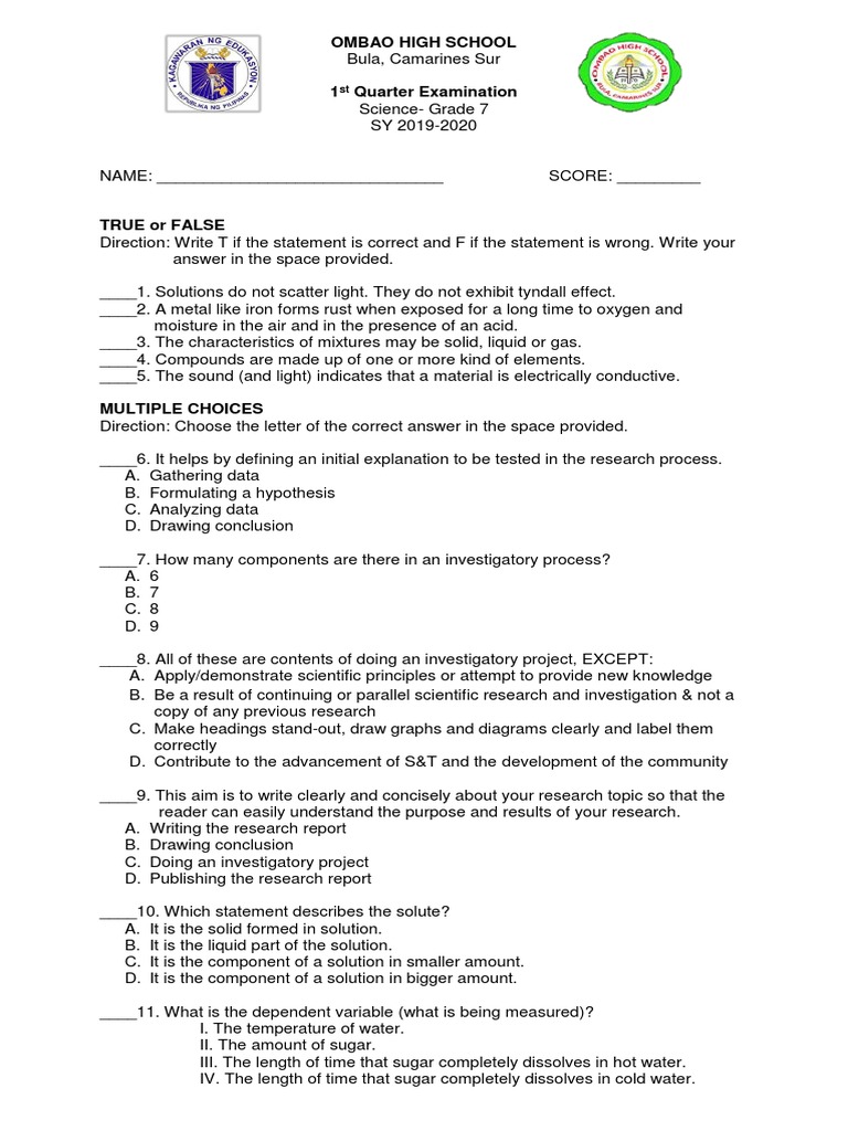Grade 7 Science 1st Quarter Exam | PDF | Carbon | Solution
