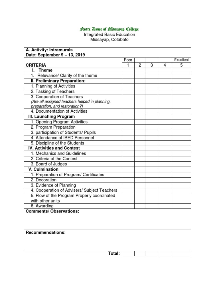 Intramurals Evaluation Criteria | PDF | Career & Growth