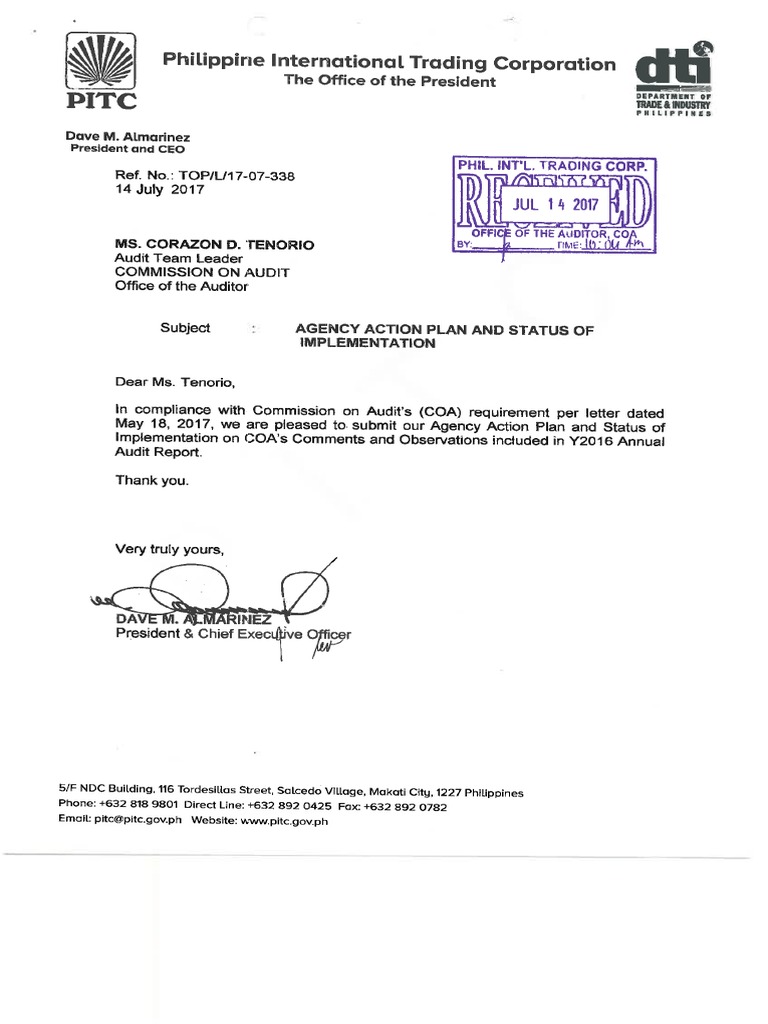 2016 Agency Action Plan and Status of Implementation On COA AOM | PDF