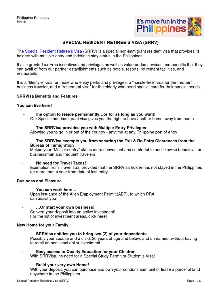 Special Resident Retirees Visa SRRV Info | PDF | Alien (Law) | Travel Visa