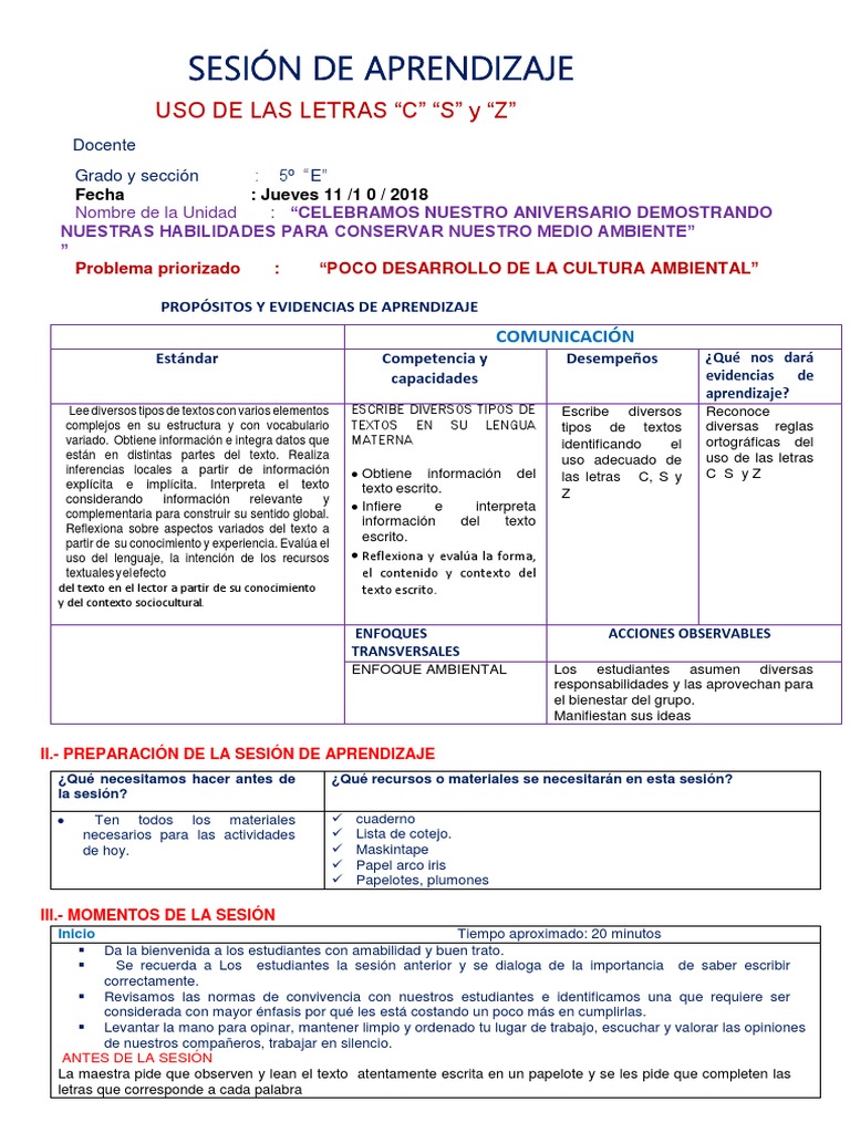 Sesión Uso de Las Letras C, S, Z | PDF | Información | Aprendizaje
