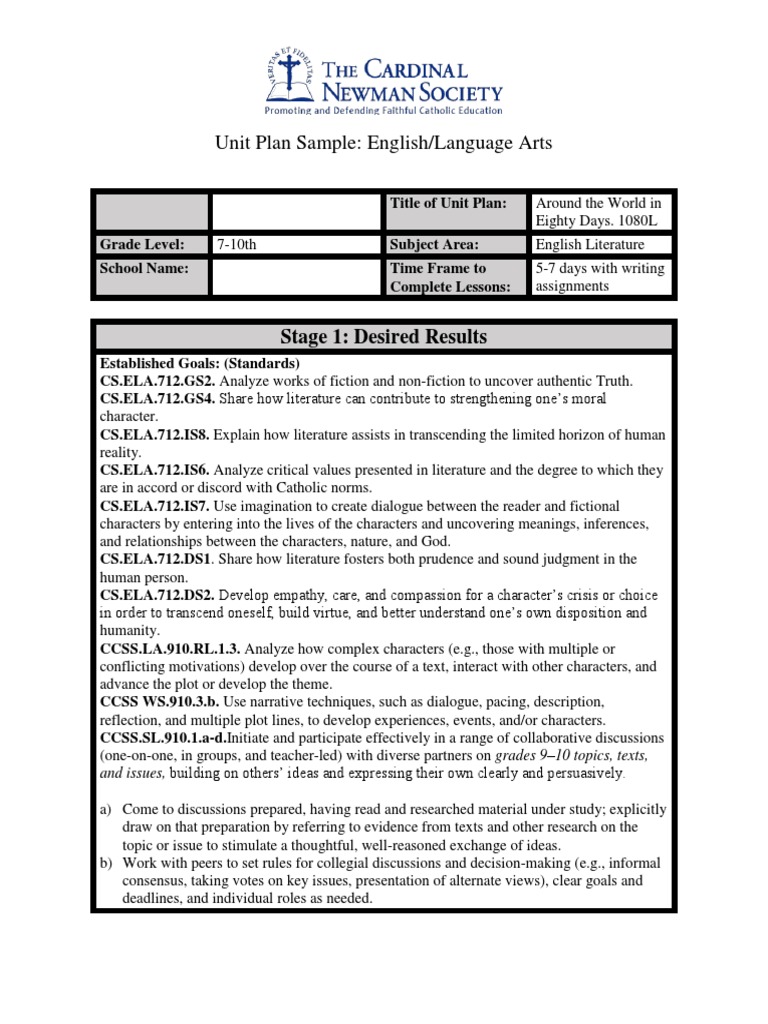 Unit Plan Sample: English/Language Arts: Stage 1: Desired Results | PDF ...