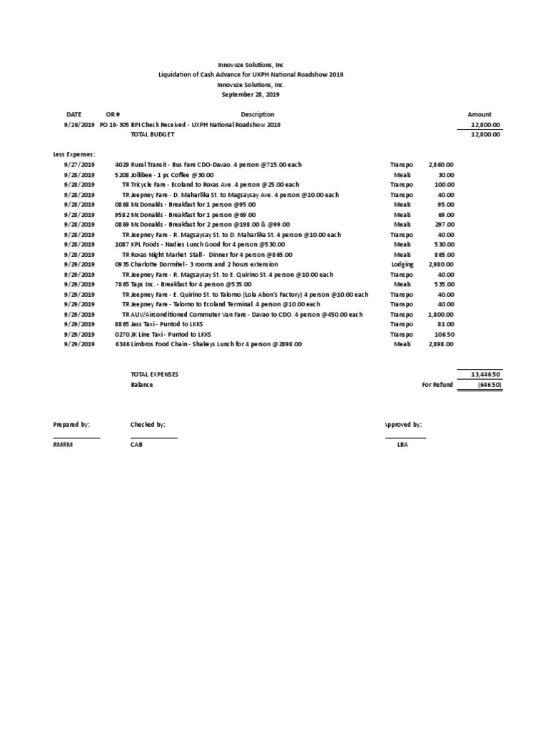 Liquidation Template | PDF | Meal | Transport