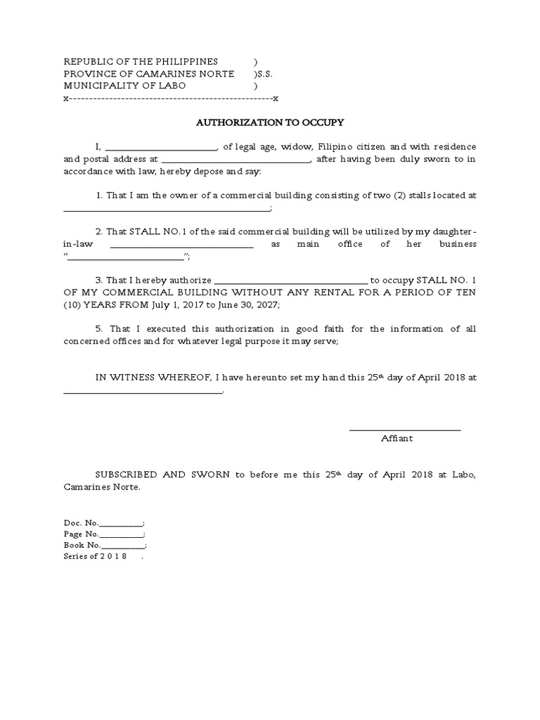 Authorization to Occupy Commercial Stall | PDF