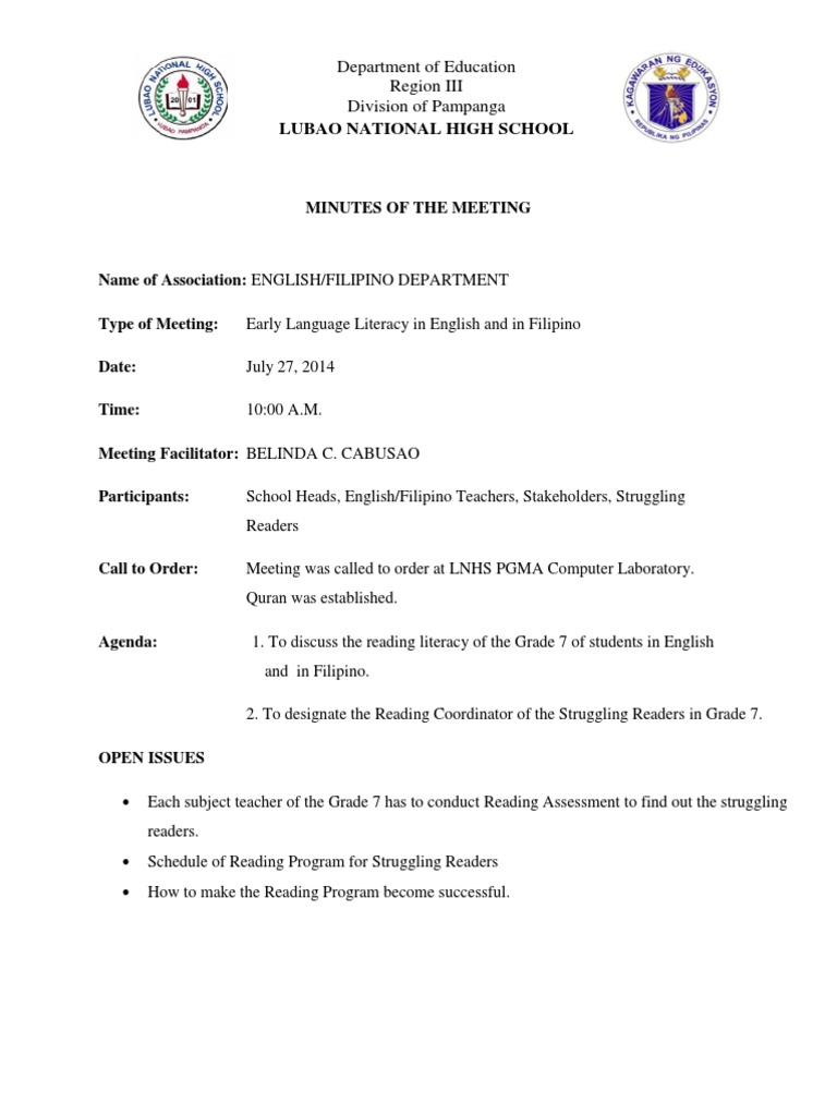 Minutes of The Meeting - English | PDF | Literacy | Behavior Modification