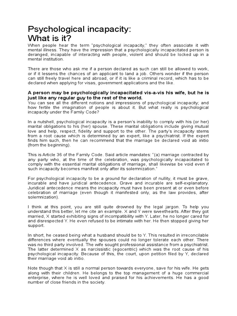 Psychological Incapacity | PDF | Annulment | Infidelity