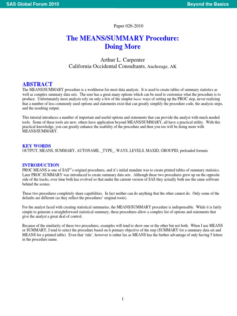 Sas Proc Summary Sas Software Data Analysis