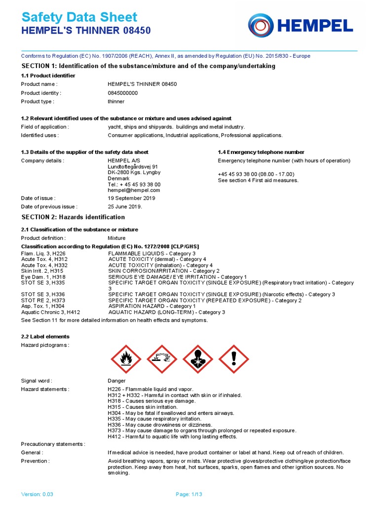 Hempel's Thinner 0845000000 En-Us | PDF | Toxicity | Firefighting