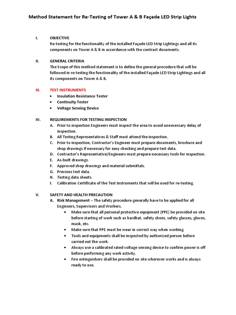 Method Statement For Re-Testing of LED Strip Lights | PDF | Tools ...