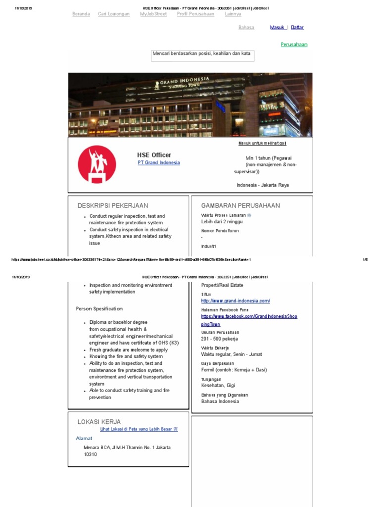 HSE Officer Pekerjaan - PT Grand Indonesia - 3063351 - JobStreet ...