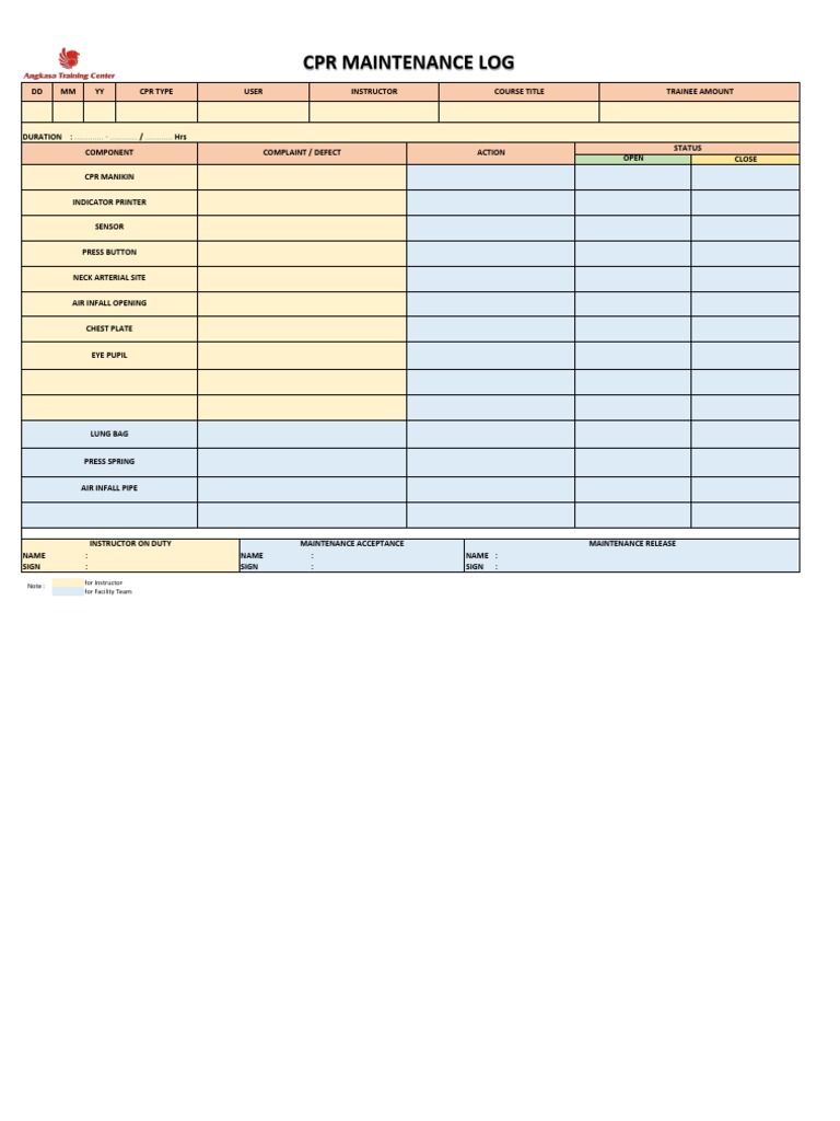 CPR Maintenance Log: For Instructor For Facility Team Note | PDF ...