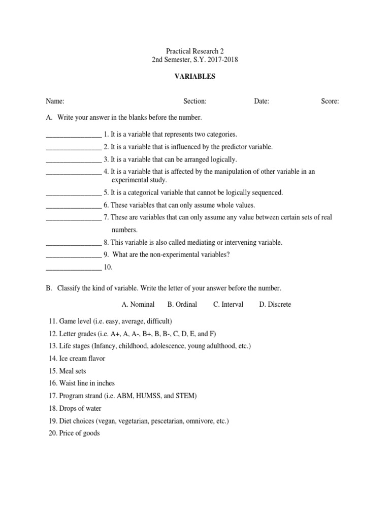 Quiz On Quantitative Research Variables | PDF | Career & Growth ...