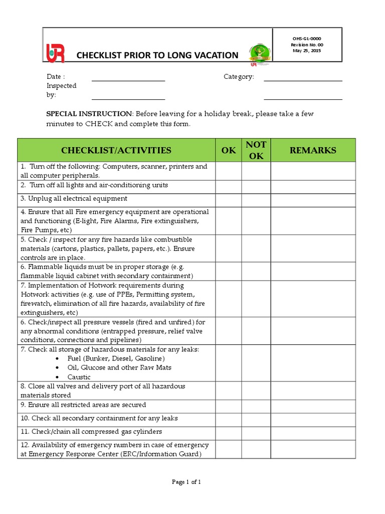 Checklist Prior To Long Vacation | PDF