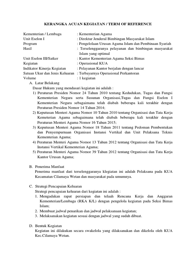 Kerangka Acuan Kerja Operasional Kua | PDF