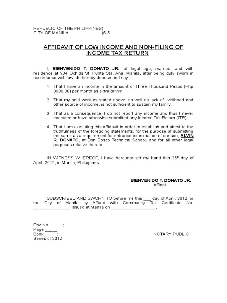Affidavit of Low Income and Non-Filing of Income Tax Return | PDF