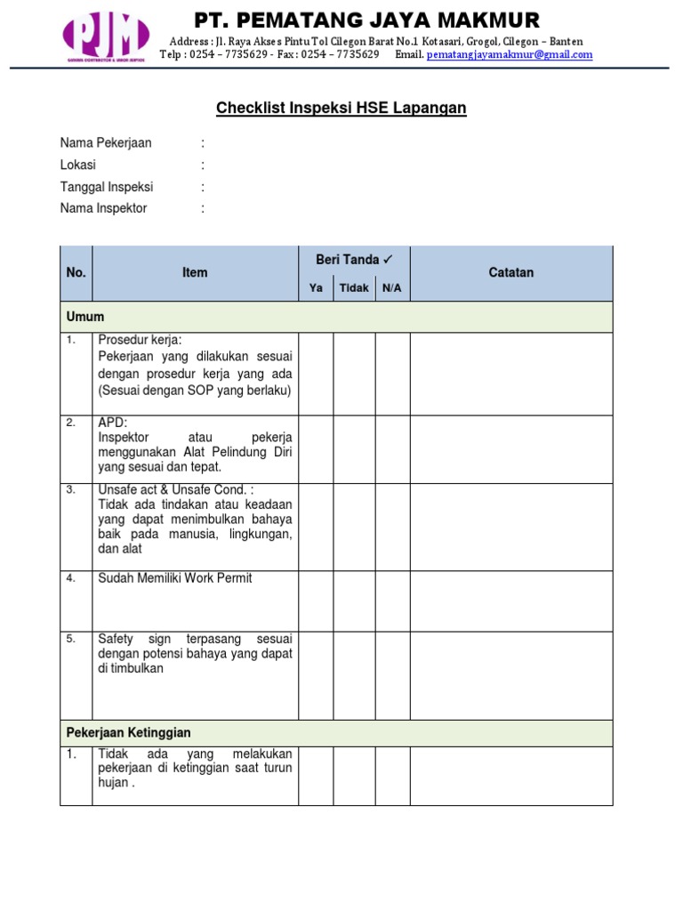 Checklist Inspeksi HSE PT Pematang Jaya Makmur | PDF