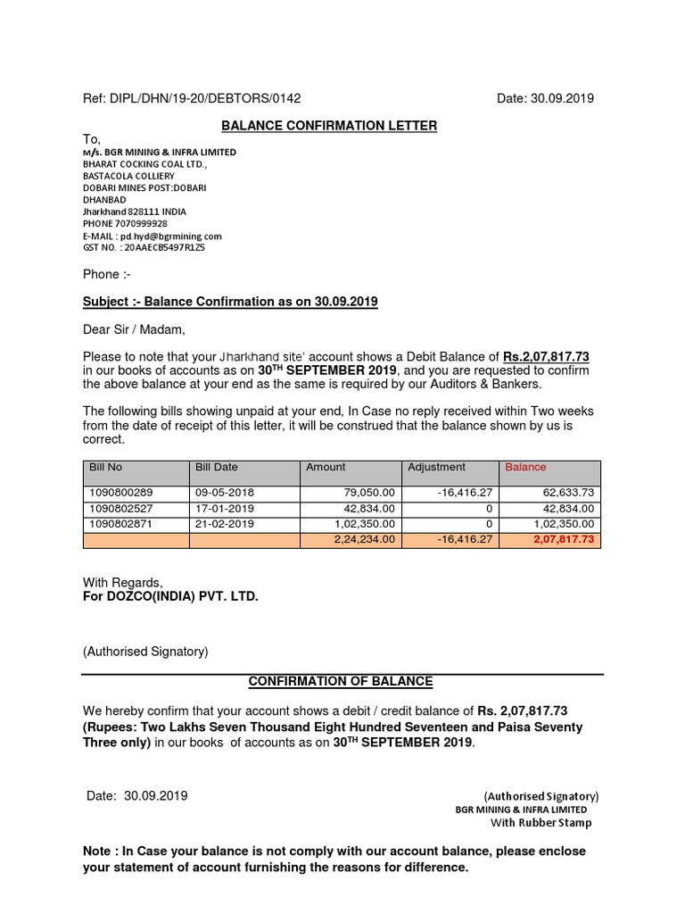 Debtor Confirmation Format | PDF | Finance & Money Management