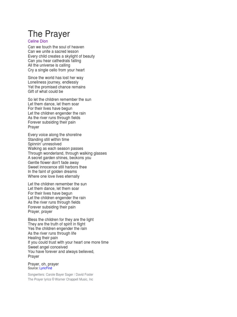 Celine Dion's "The Prayer" Lyrics | PDF