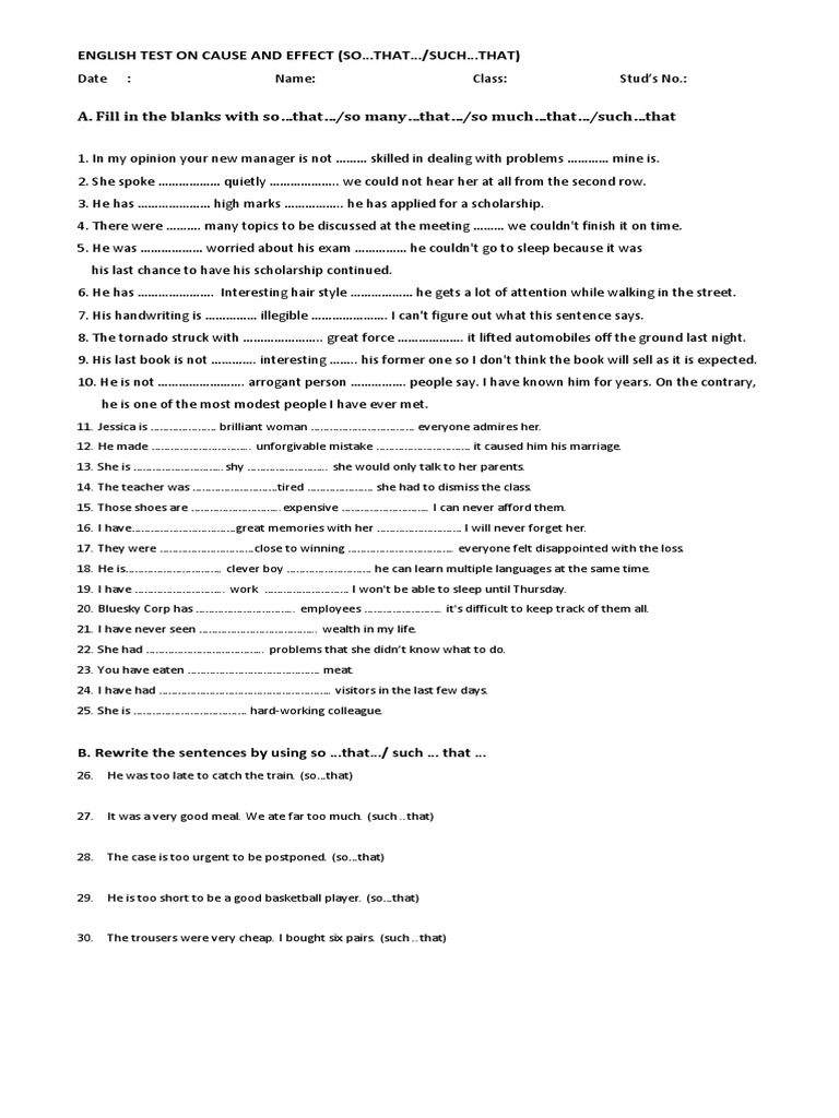 English Test On Cause and Effect | PDF | Learning