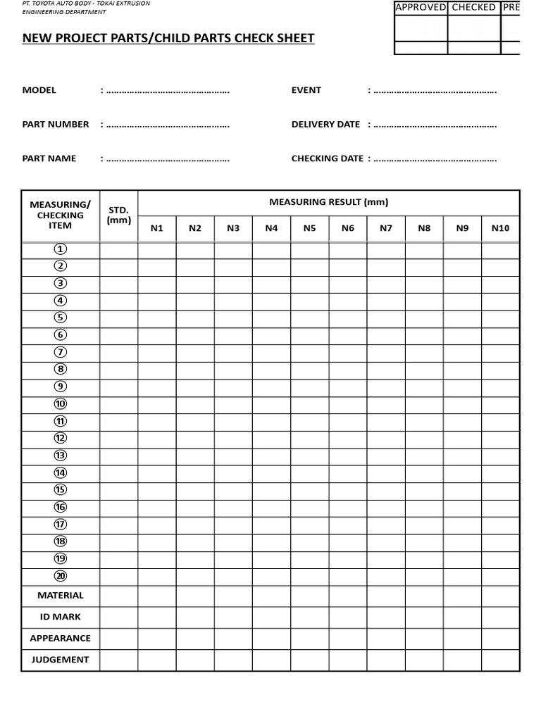 PT Toyota Auto Body Parts Check Sheet | PDF