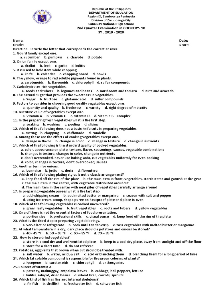 Cookery-10 Unit Test | PDF | Vegetables | Potato