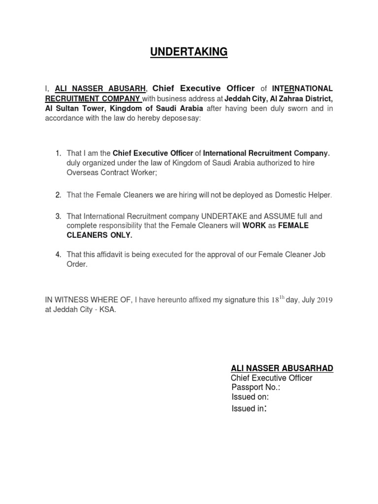 Affidavit of Undertaking For Assume of Responsibility | PDF