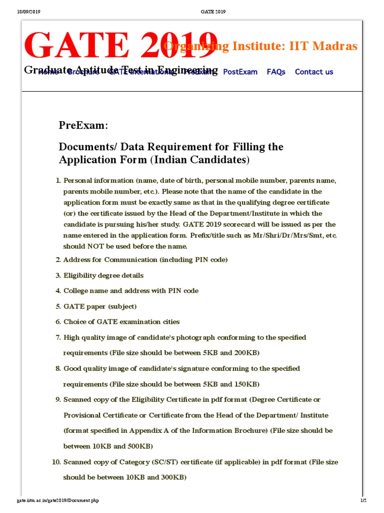 Document Requirements for Filling the GATE 2019 Application Form for ...