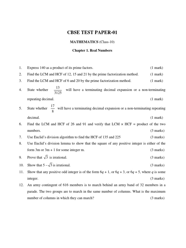 10 Mathematics Real Numbers Test 01 | PDF