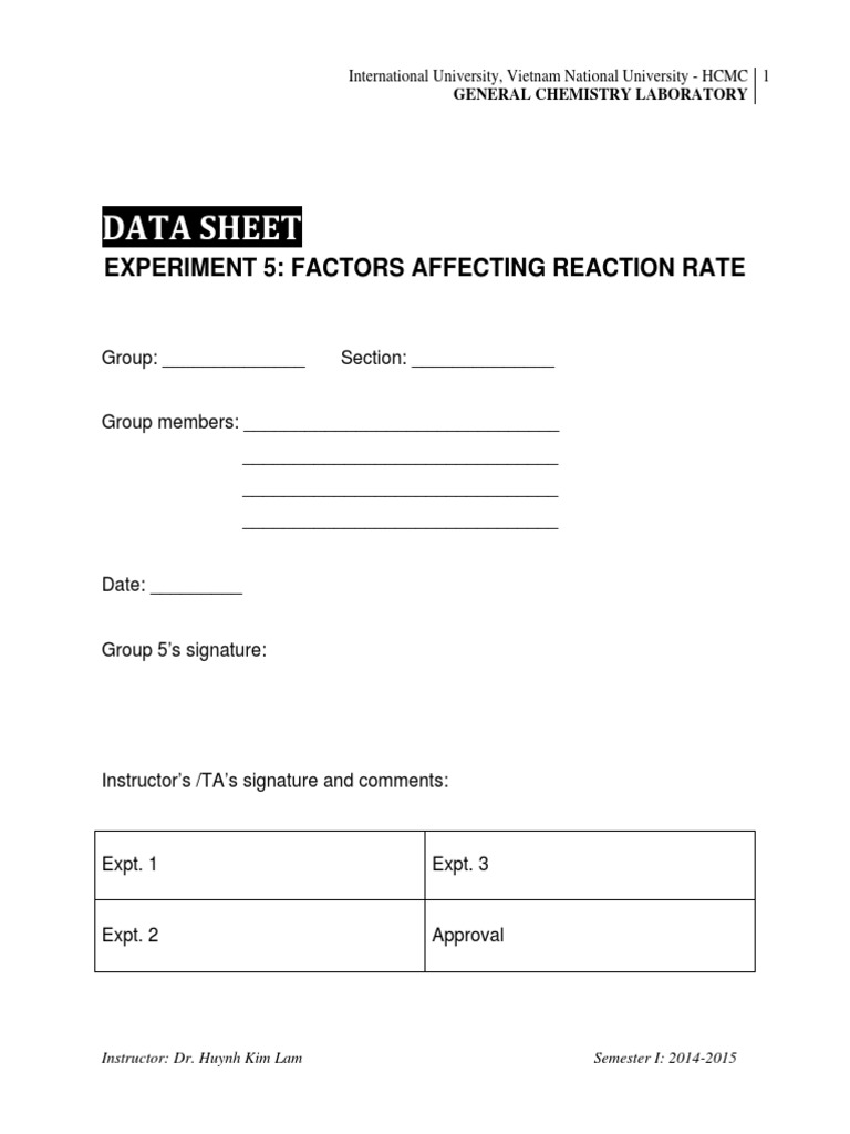 Data Sheet: Experiment 5: Factors Affecting Reaction Rate | PDF ...