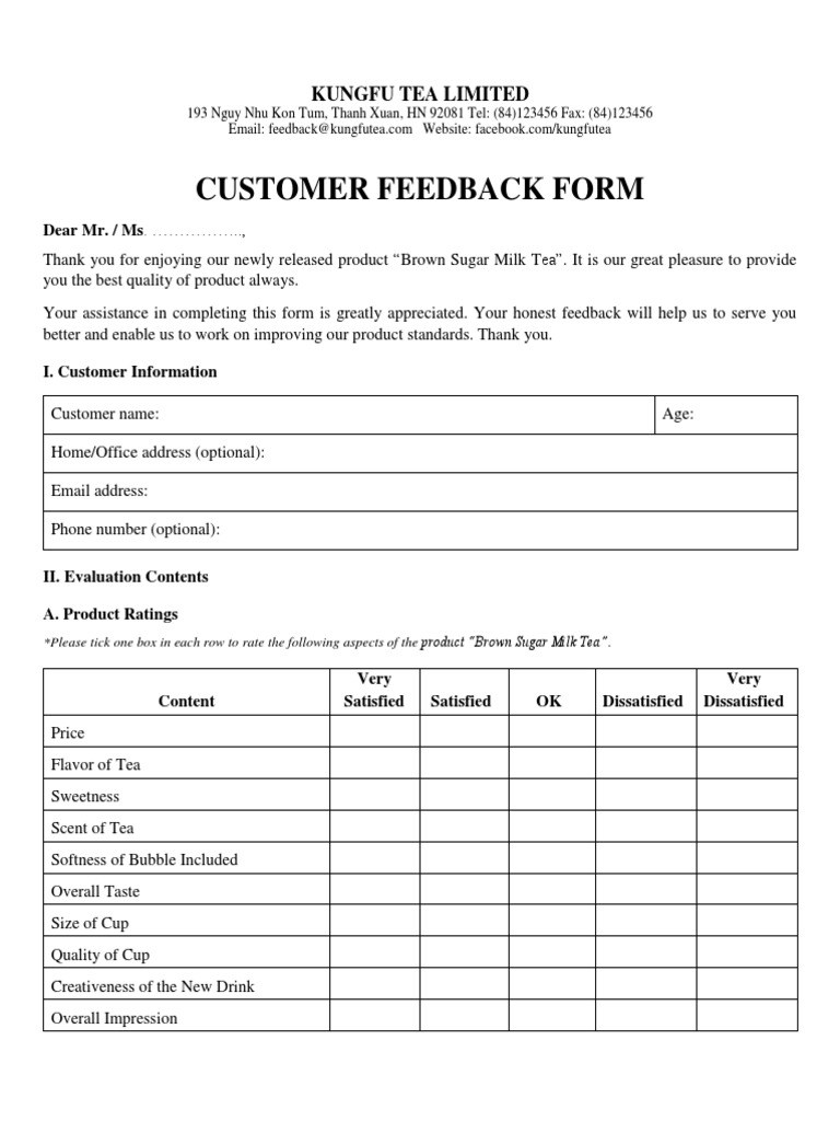 Customer Feedback Form: Kungfu Tea Limited | PDF | Tea | Business