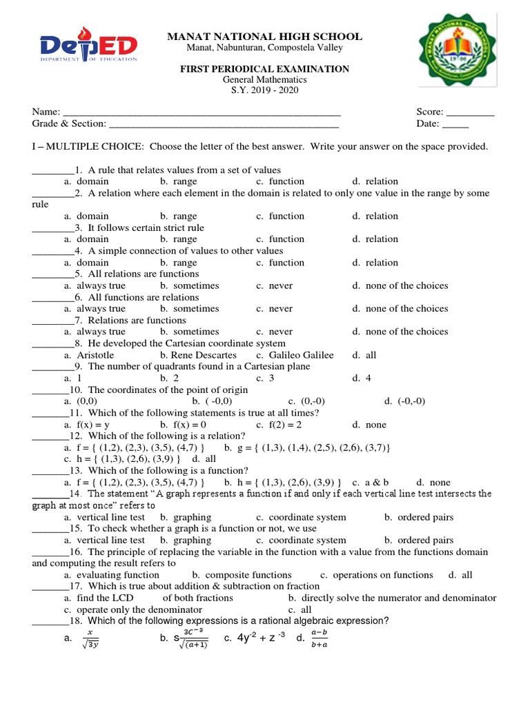 Gen Math First Quarter 19-20 | PDF | Fraction (Mathematics) | Function ...