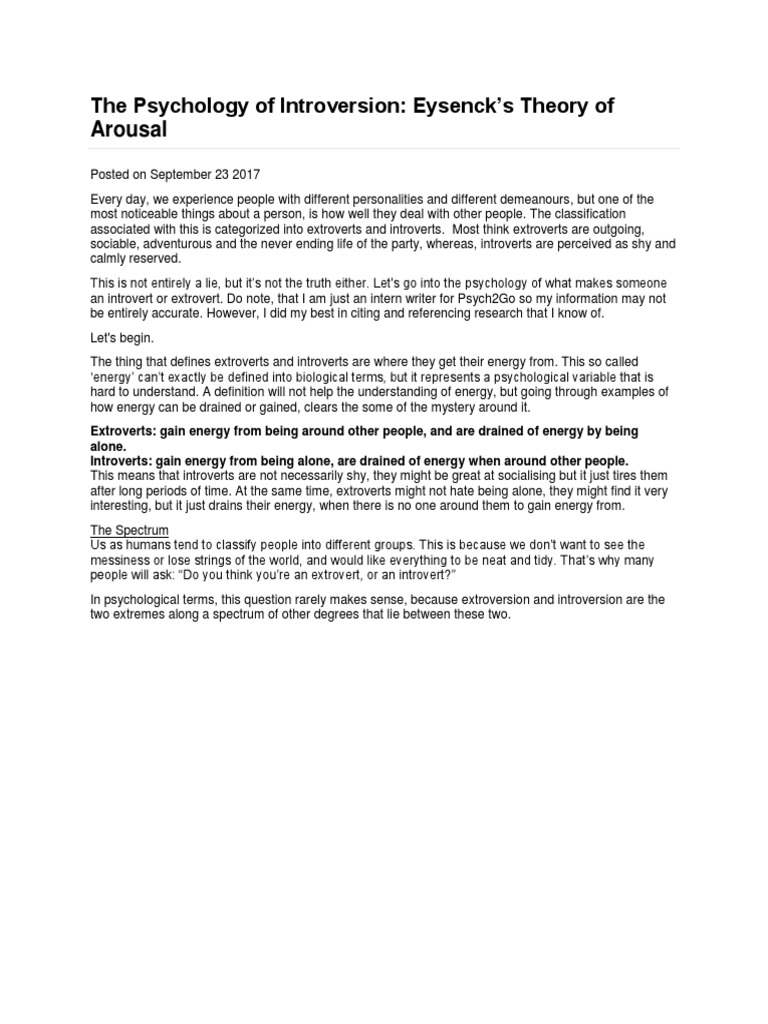 The Psychology of Introversion: Eysenck's Theory of Arousal | PDF ...