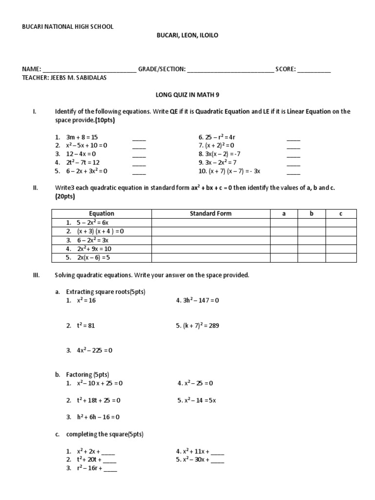Analysis of a High School Math Quiz Covering Topics in Algebra ...