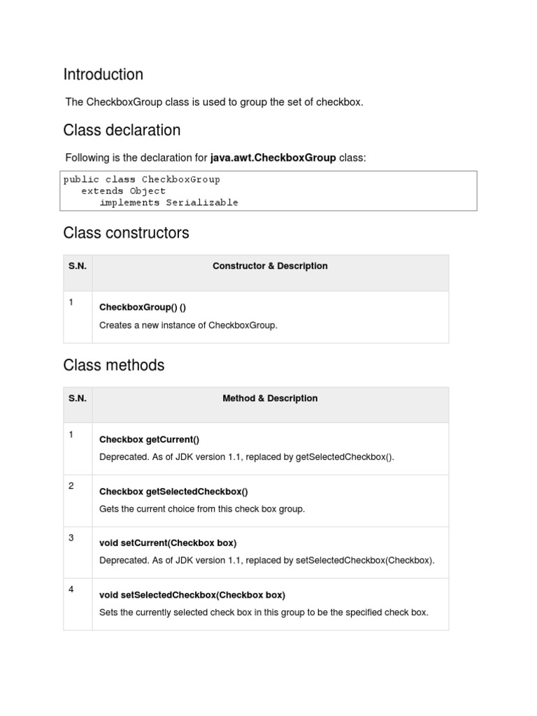 The Checkboxgroup Class Is Used To Group The Set of Checkbox | PDF | Class (Computer Programming ...