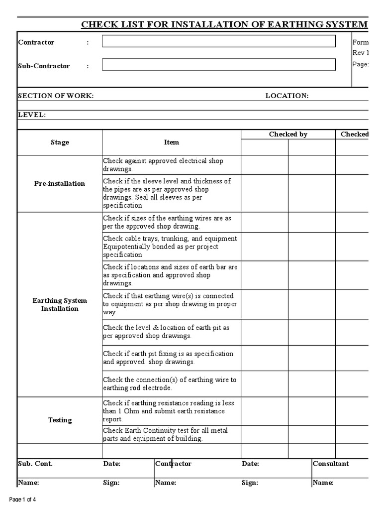 Inspection Checklist For Installation of Earthing System | PDF ...