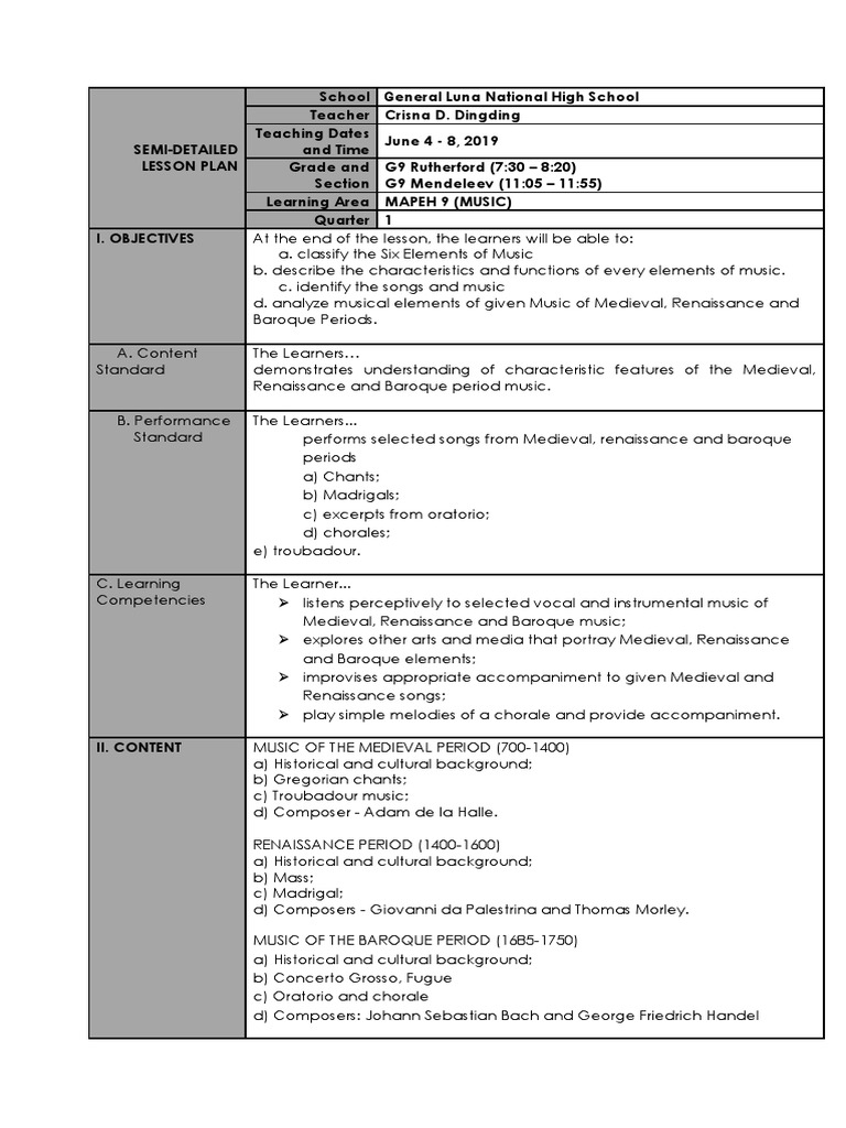 School Music Lesson on Medieval, Renaissance and Baroque Periods | PDF ...