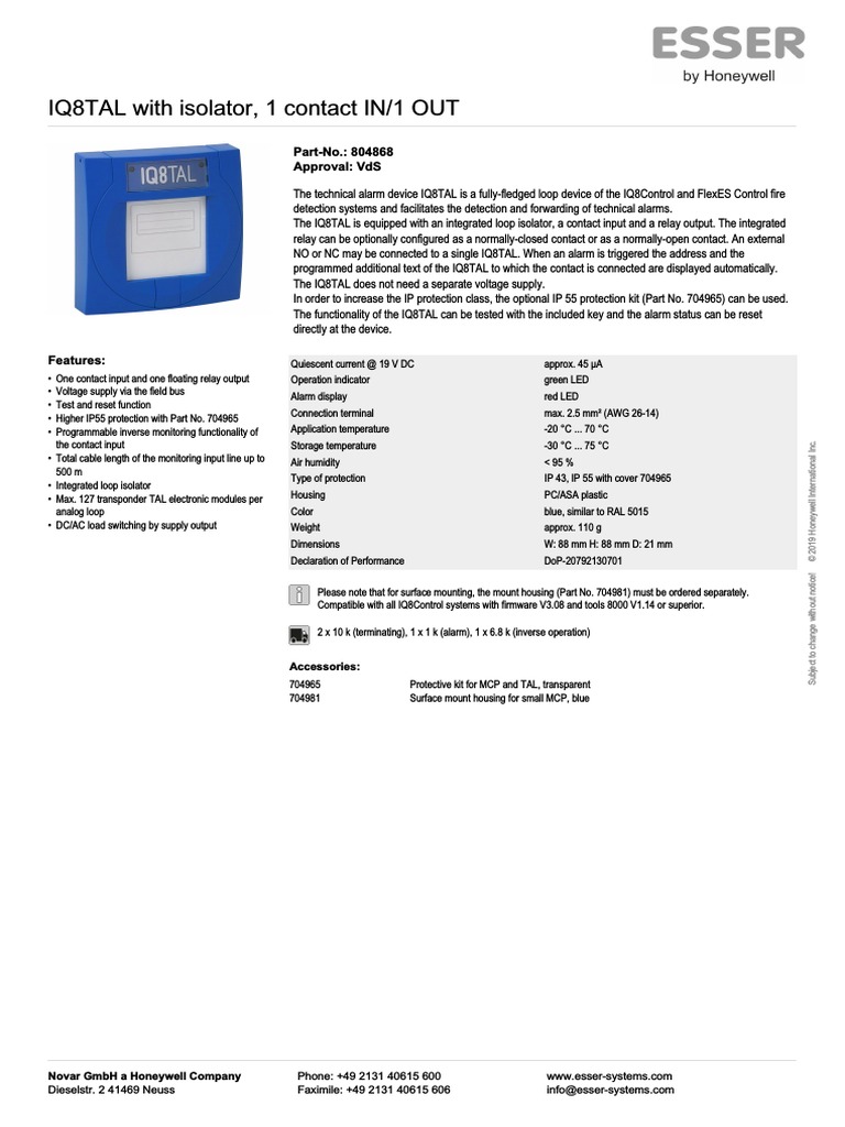 Iq8Tal With Isolator, 1 Contact In/1 Out: Part-No.: 804868 Approval: Vds | PDF | Relay | Equipment