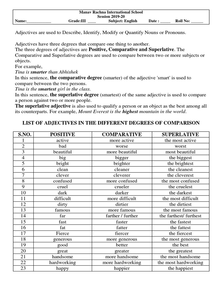 List Of Adjectives In The Different Degrees Of Comparison PDF